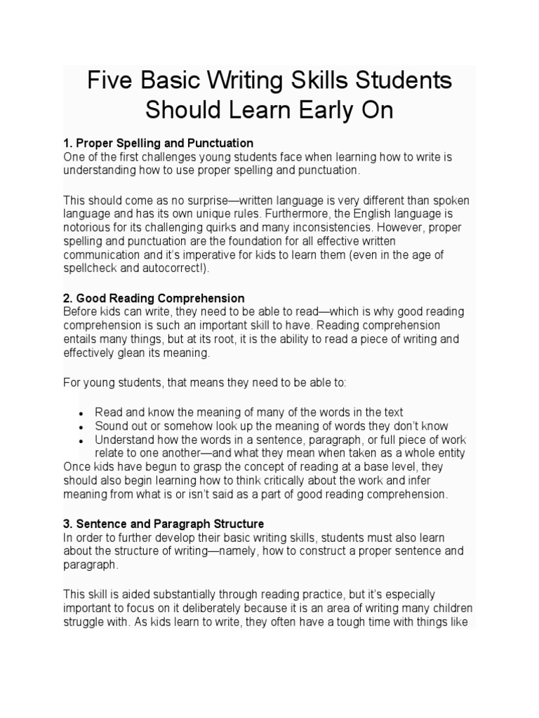Five Basic Writing Skills Students Should Learn Early On | PDF ...