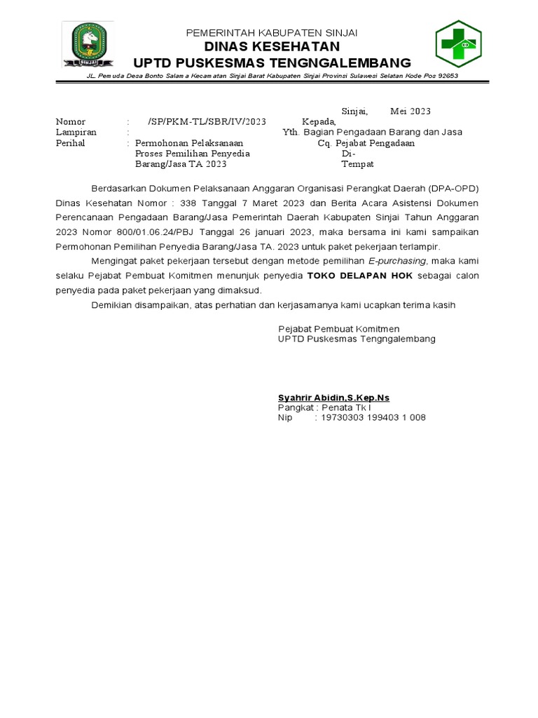 SURAT PERMOHONAN E-PURCHASING 2023 Puskesmas Tengngalembang BOK | PDF