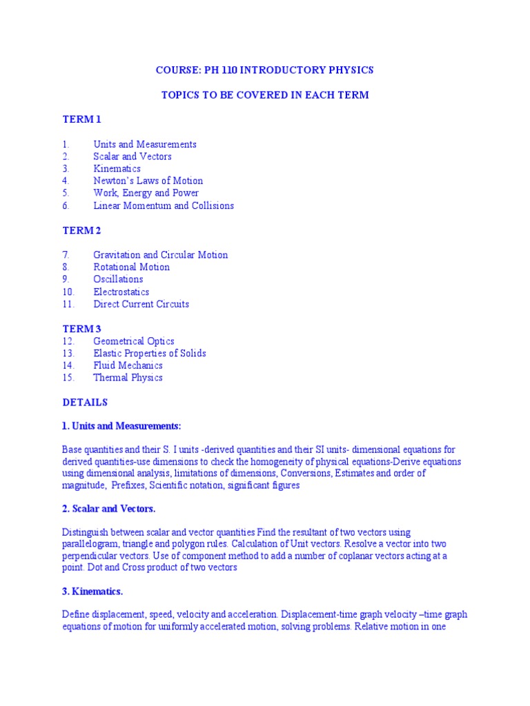 PH 110 Course Outline | PDF | Force | Euclidean Vector