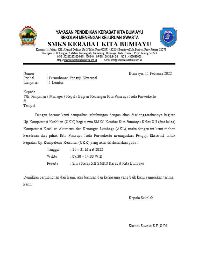 Surat Permohonan Penguji Eksternal Akl 2021 2022 | PDF