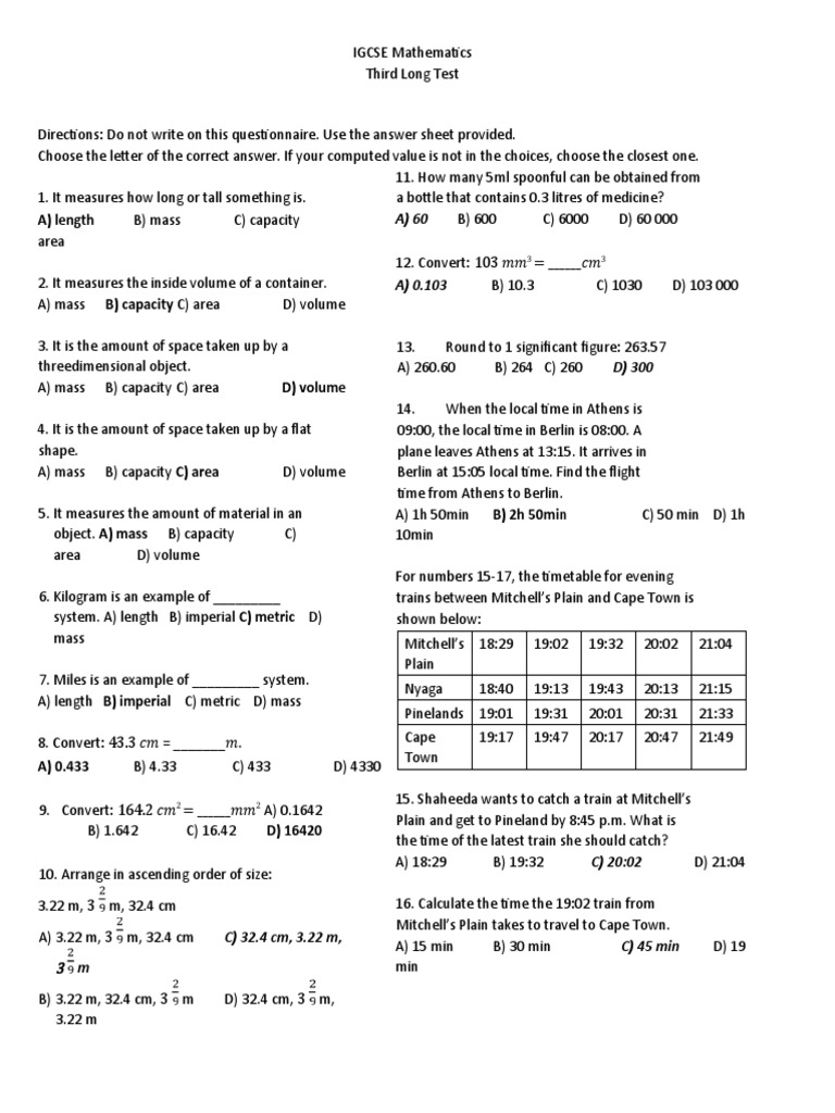 Third Long Test - Chapter 13 | PDF | Volume | Area