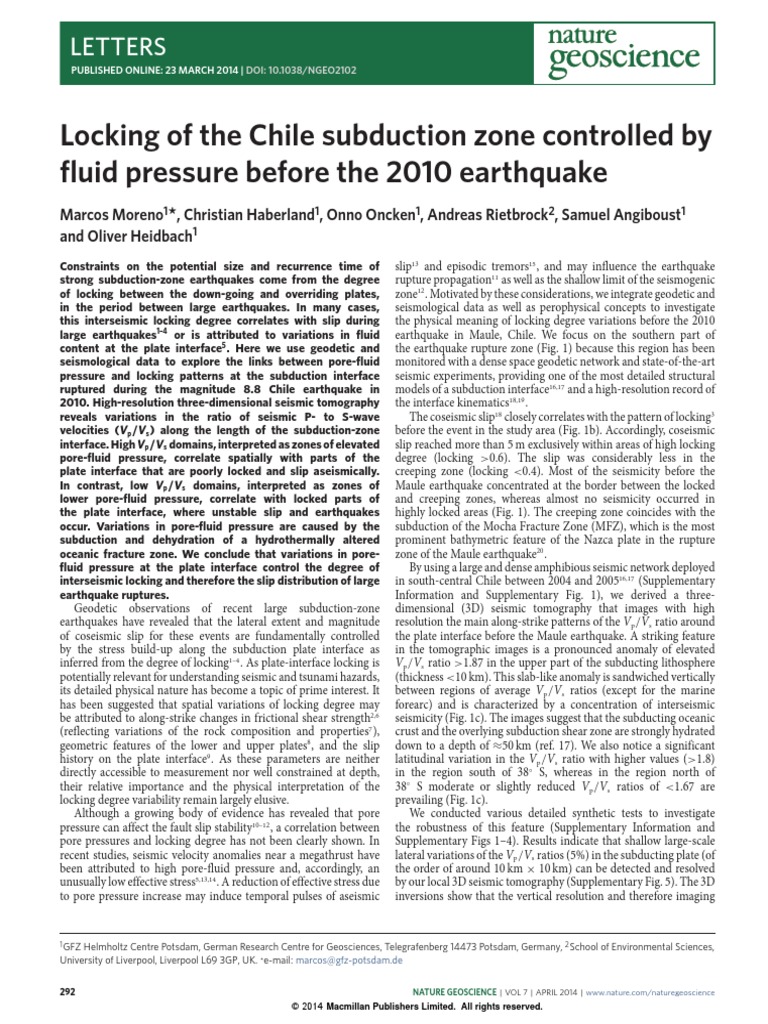 Moreno Et Al. Locking of The Chile Subduction Zone Controlled by Fluid ...