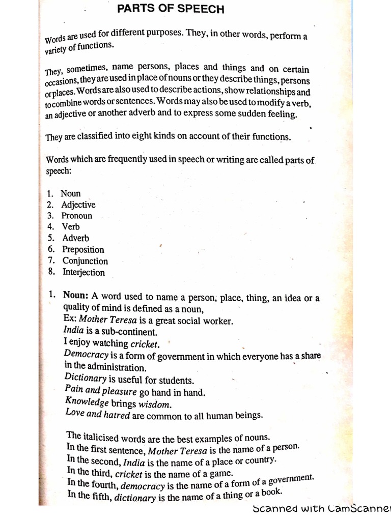 Parts Of Speech Printable Pdf
