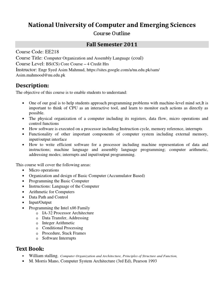 Computer Organization and Assembly Languages Am - Course Outline | PDF ...