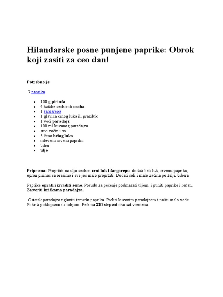 Hilandarske Posne Punjene Paprike | PDF
