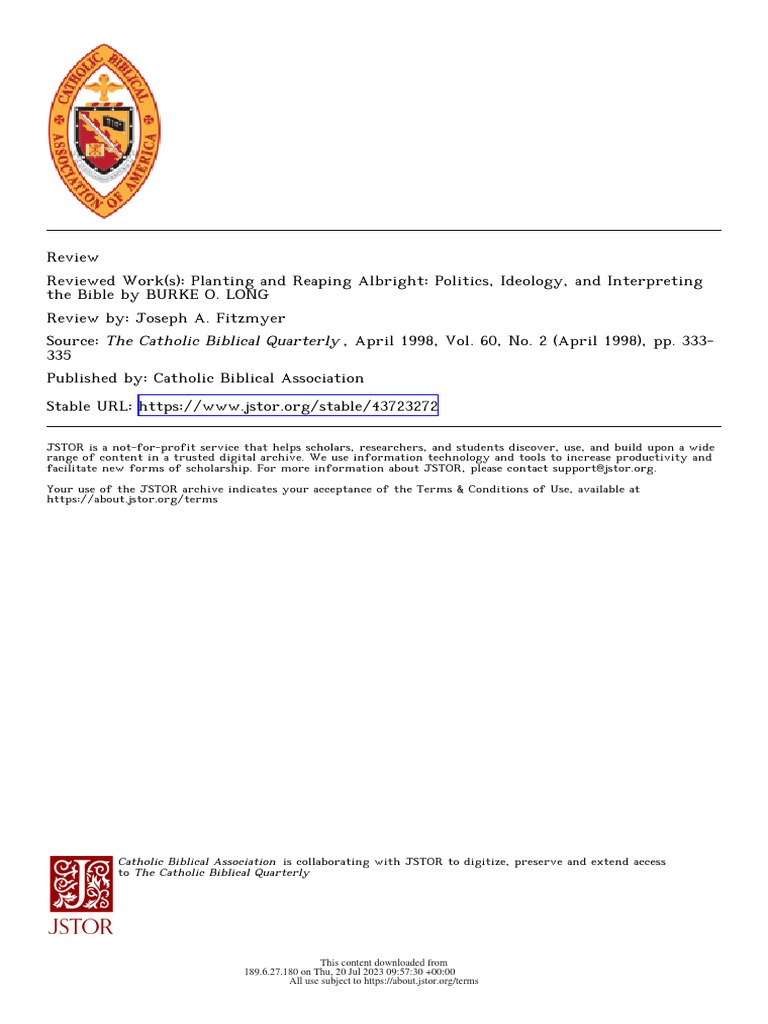 Fitzmyer 1998 - Review of Long - Planting and Reaping Albright | PDF ...