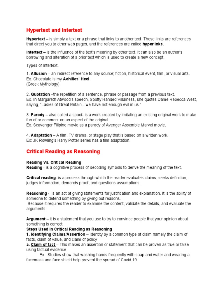 Hypertext, Intertext, and Critical Reading | PDF | Evidence | Intertextuality