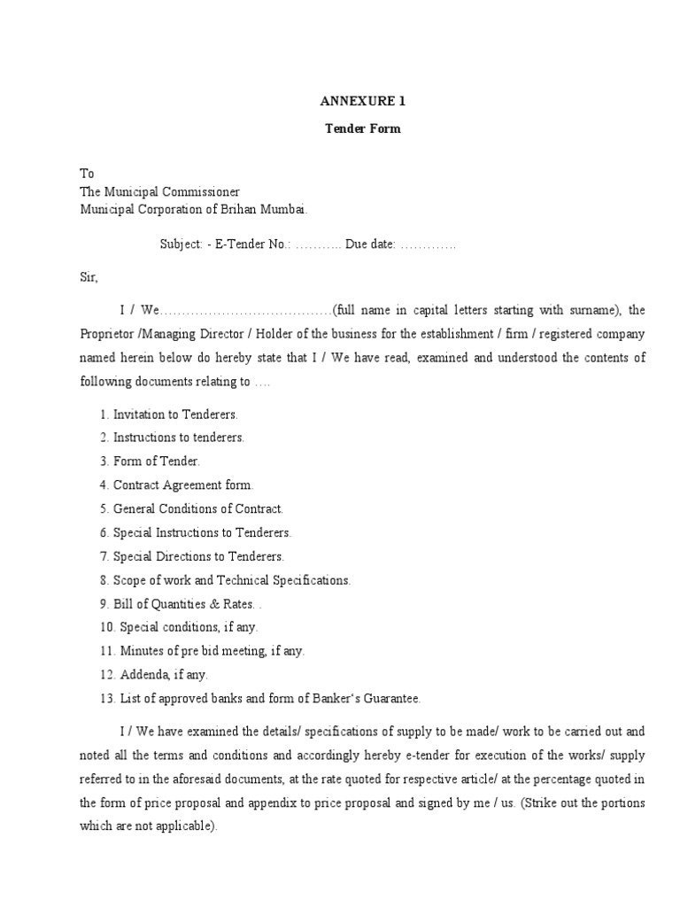 ANNEXURE 1 - Tender Form | PDF | Private Law | Economies