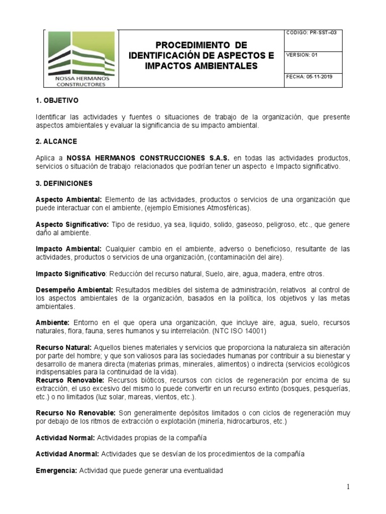 Pr-sst-03 Procedimiento de Identificaión de Aspectos e Impactos Ambientales | PDF | Entorno ...