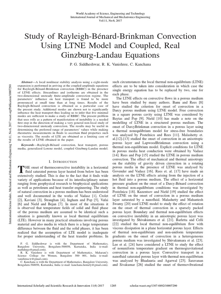 Study of Rayleigh-B Enard-Brinkman Convection Using LTNE Model and Coupled, Real Ginzburg-Landau ...