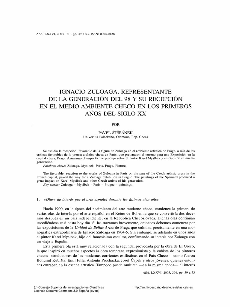 Ignacio Zuloaga Representante De La Generación Del 98 Y Su Recepción En El Ambiente Checo En
