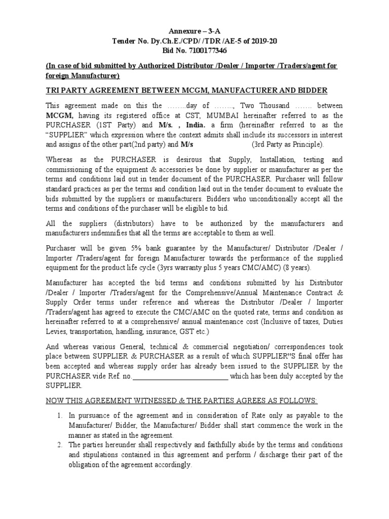 Annexure 3a - Tri Party Agreement Between MCGM, Manufacturer and Bidder ...