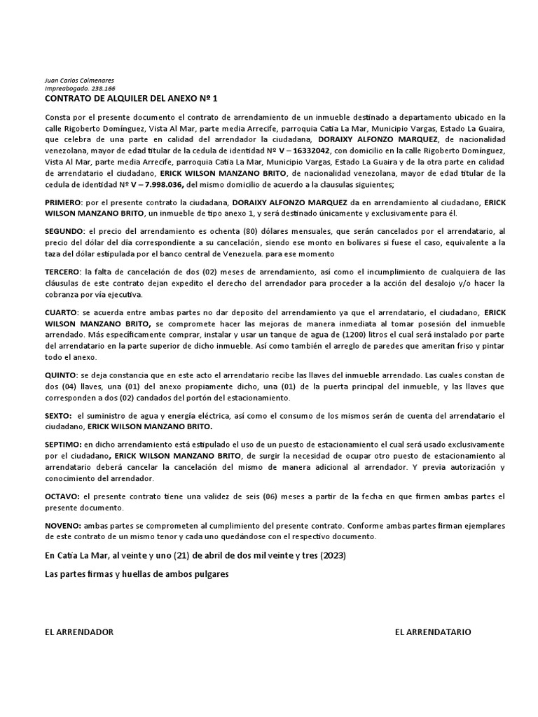 Contrato de Alquiler: Wilson Manzano | PDF | Derecho | Hogar ...