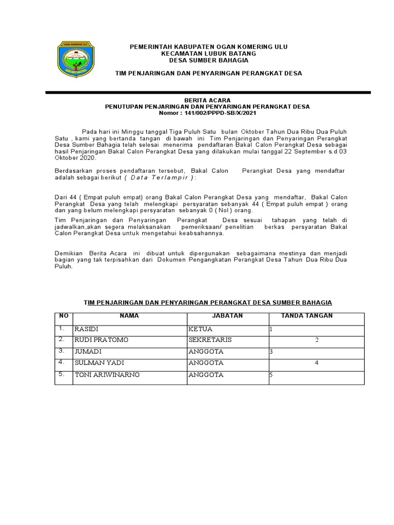 berkas penjaringan dan penyaringan perangkat desa | PDF