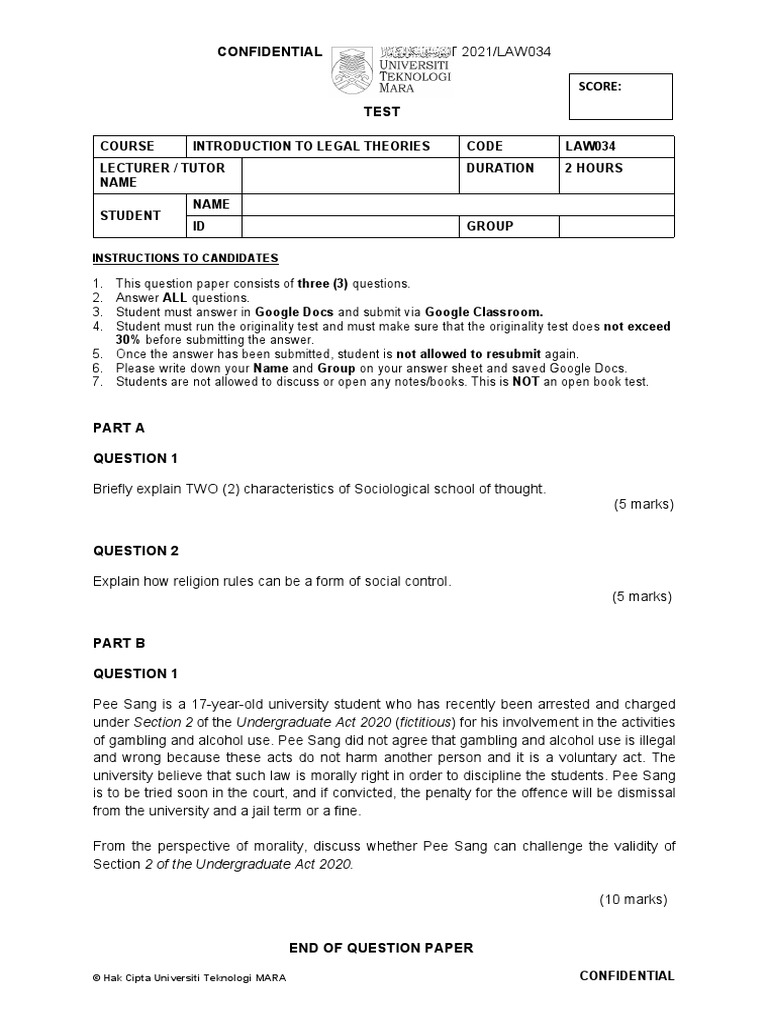 LAW034 Test: Legal Theories Exam | PDF | Career & Growth