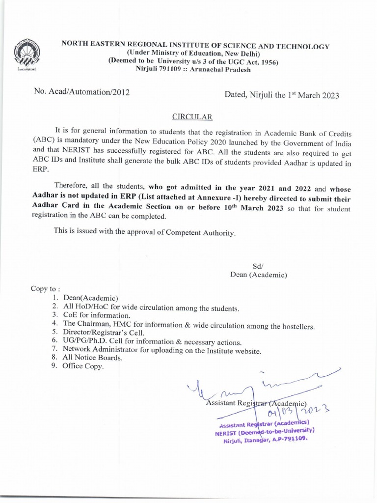 Circular DTD 01.03.2023 - Updating of Aadhar in ERP | PDF