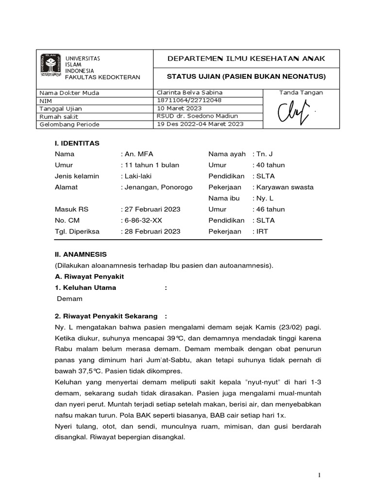 STATUS UJIAN ANAK - Clarinta Belva - 22712048 | PDF