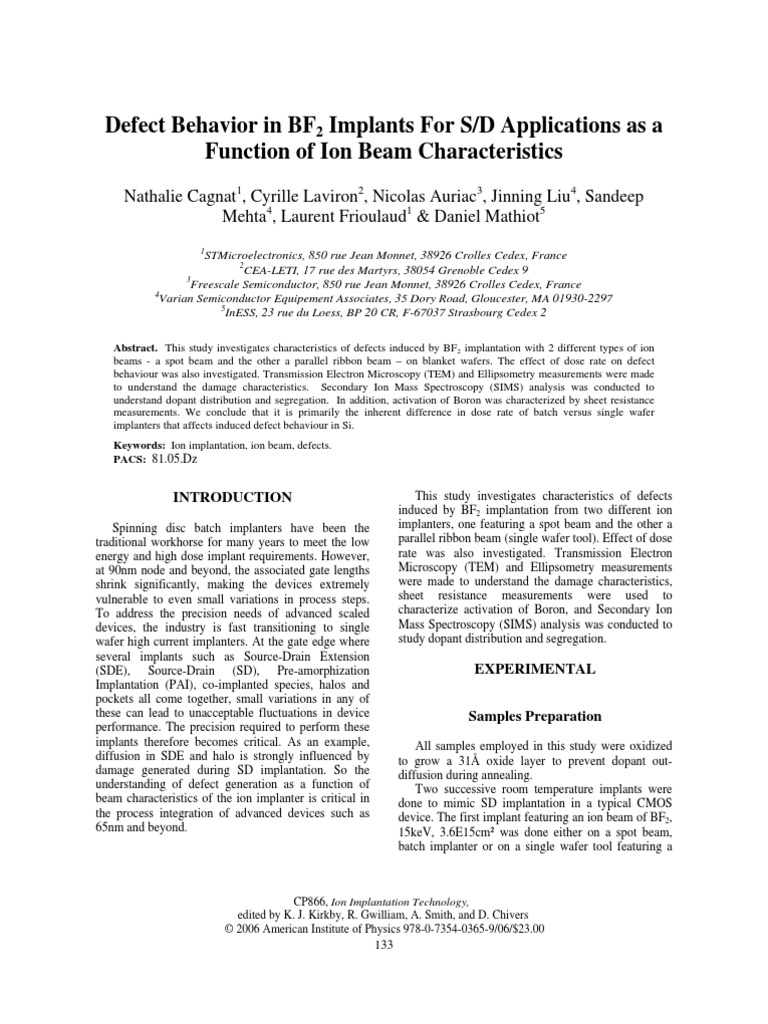 Defect Behavior in BF2 Implants For SD Applications As A Function of ...