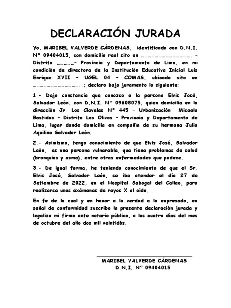 Declaración Jurada Directora Maribel Valverde Guevara | PDF