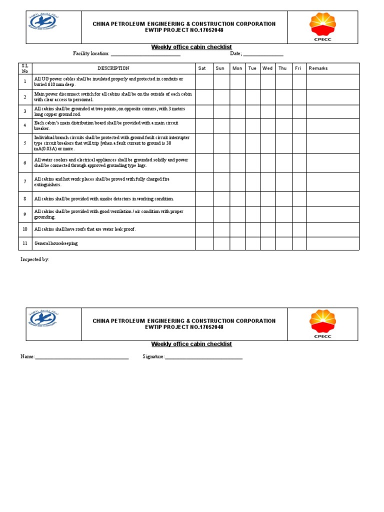 Weekly Office Cabin Checklist | PDF