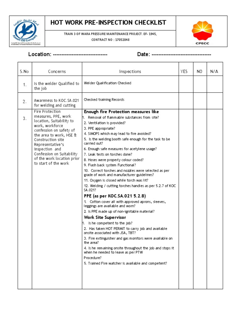 Hot Work Pre-Inspection Checklist | PDF | Welding | Construction