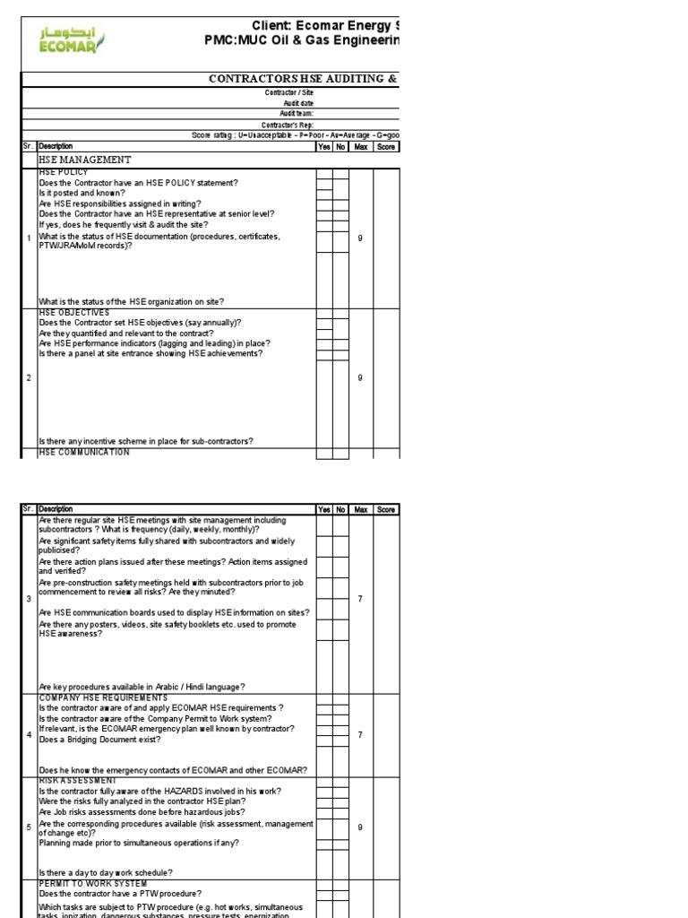 Audit Checklist - HSE AUDITING - For Contractors - Ecomar HSSE 2019 ...