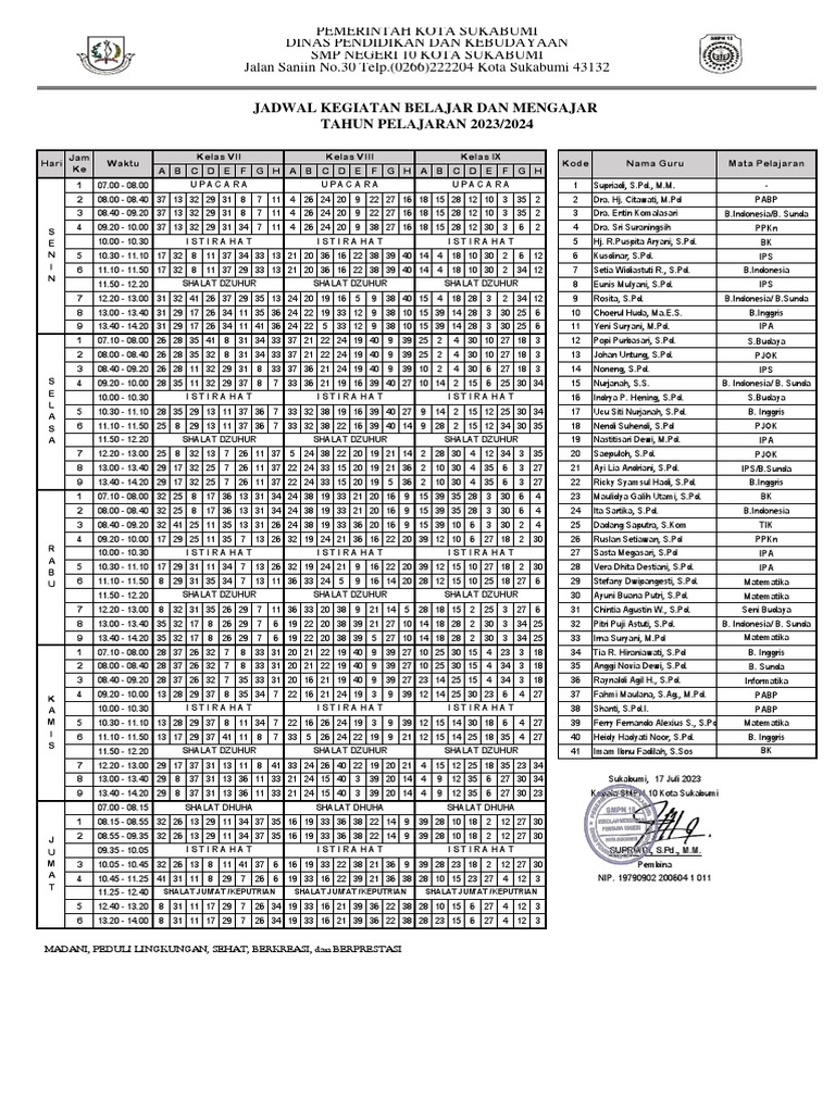 Jadwal Pelajaran Tahun 2023 - 2024 | PDF