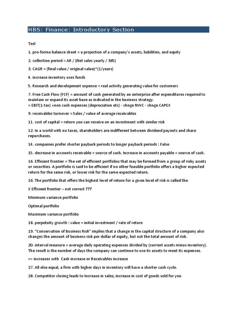 HBS Finance Basics Course Notes | PDF | Net Present Value | Leverage ...