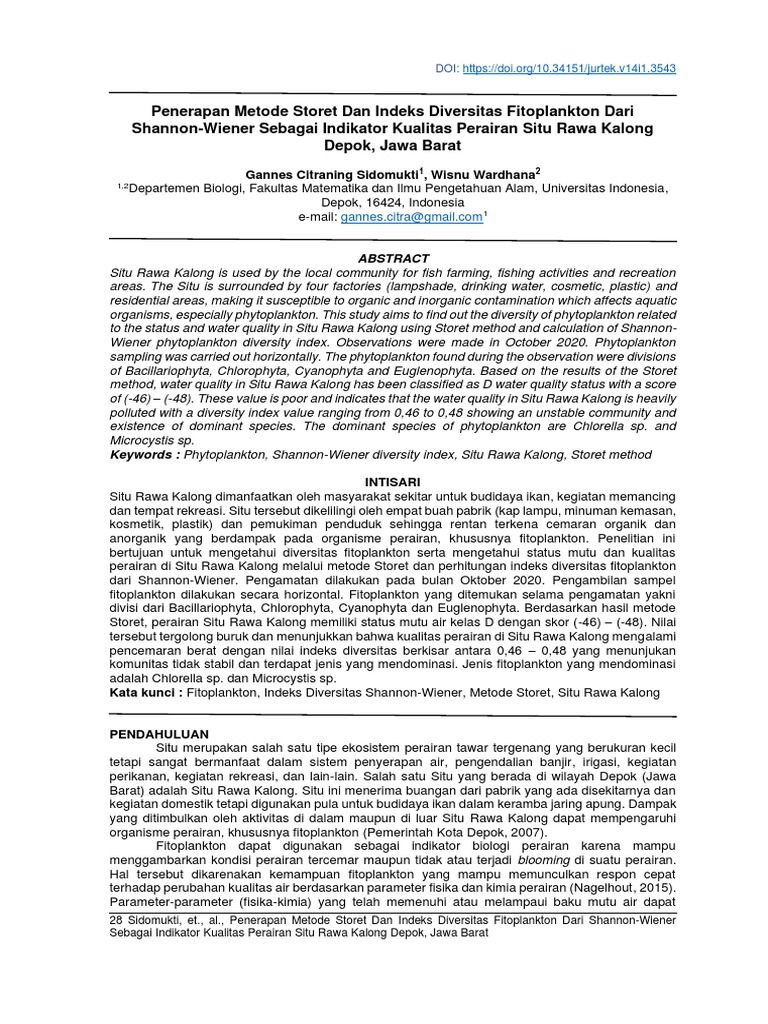 Penerapan Metode Storet Dan Indeks Diversitas Fitoplankton Dari | PDF ...