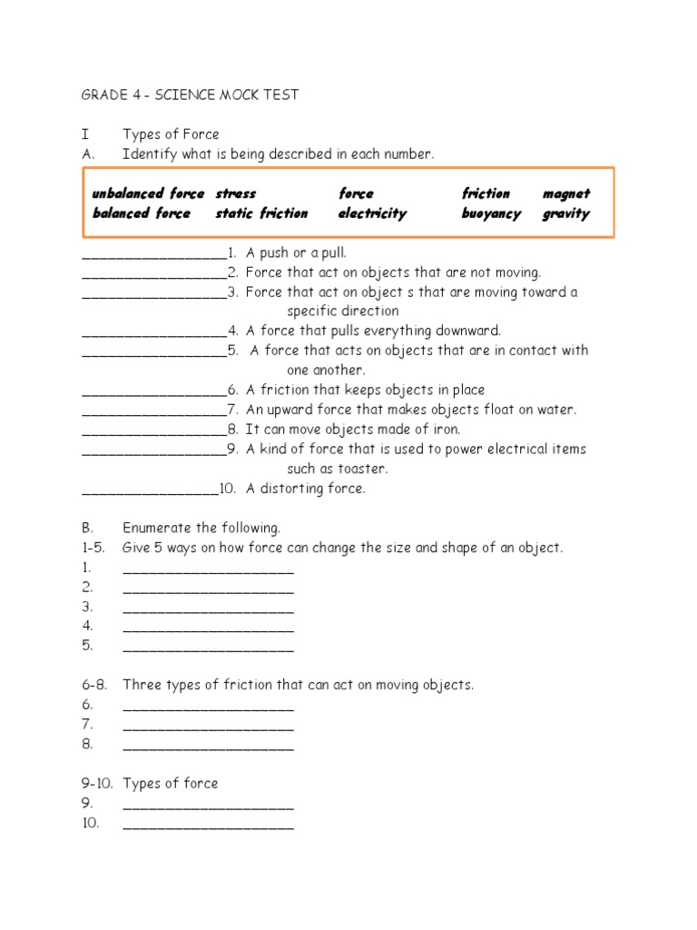 Grade 4 - Science Mock Test Quarter 3 | PDF | Light | Force