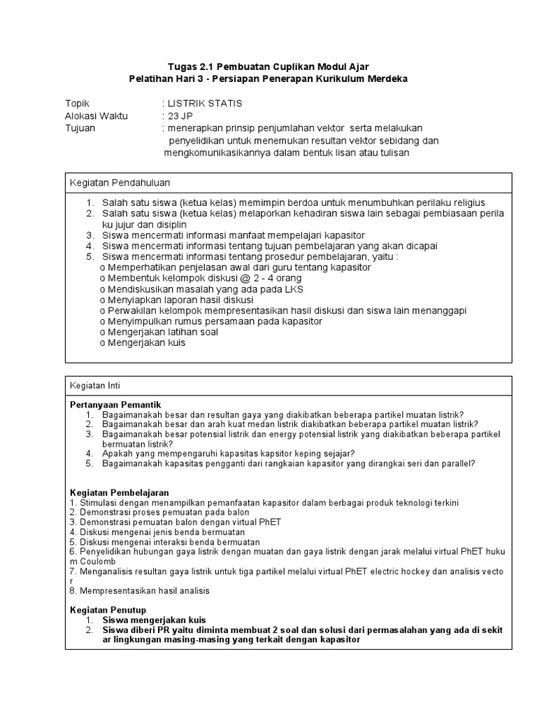 Tugas 2.1 - Template Pengisian Cuplikan Modul Ajar | PDF