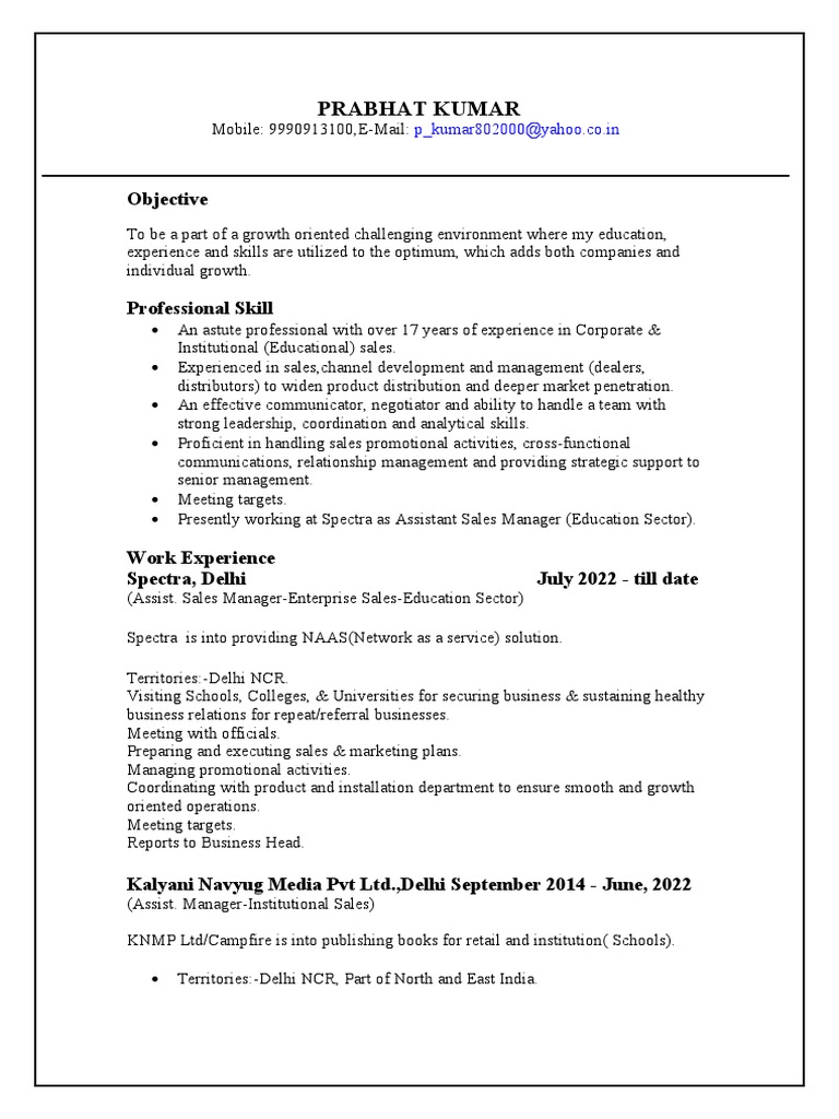 CV-Prabhat Kumar | PDF | Sales | Marketing