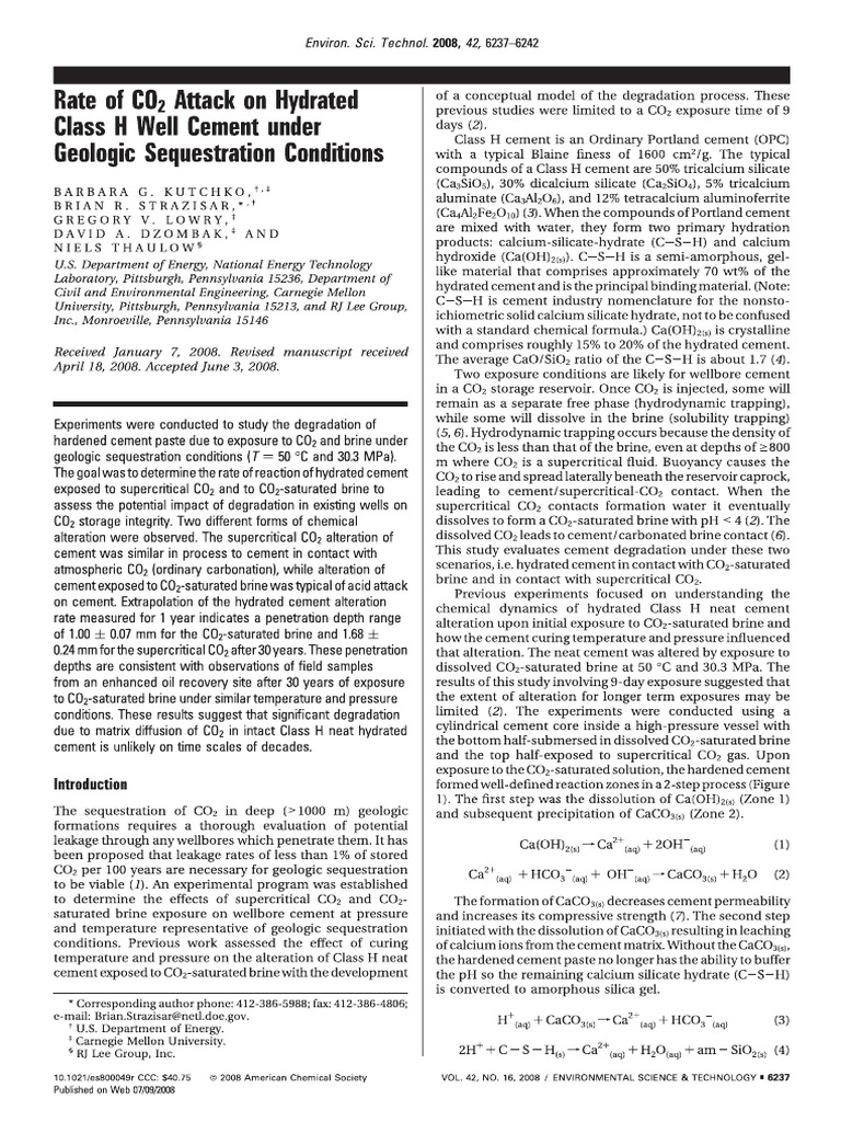 Kutchko 2008 Rate of CO2 Attack On Hydrated Class H Cement Under ...