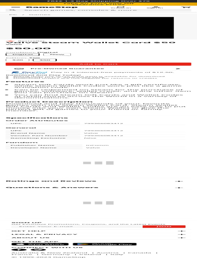 Valve Steam Wallet Card $50 GameStop | PDF