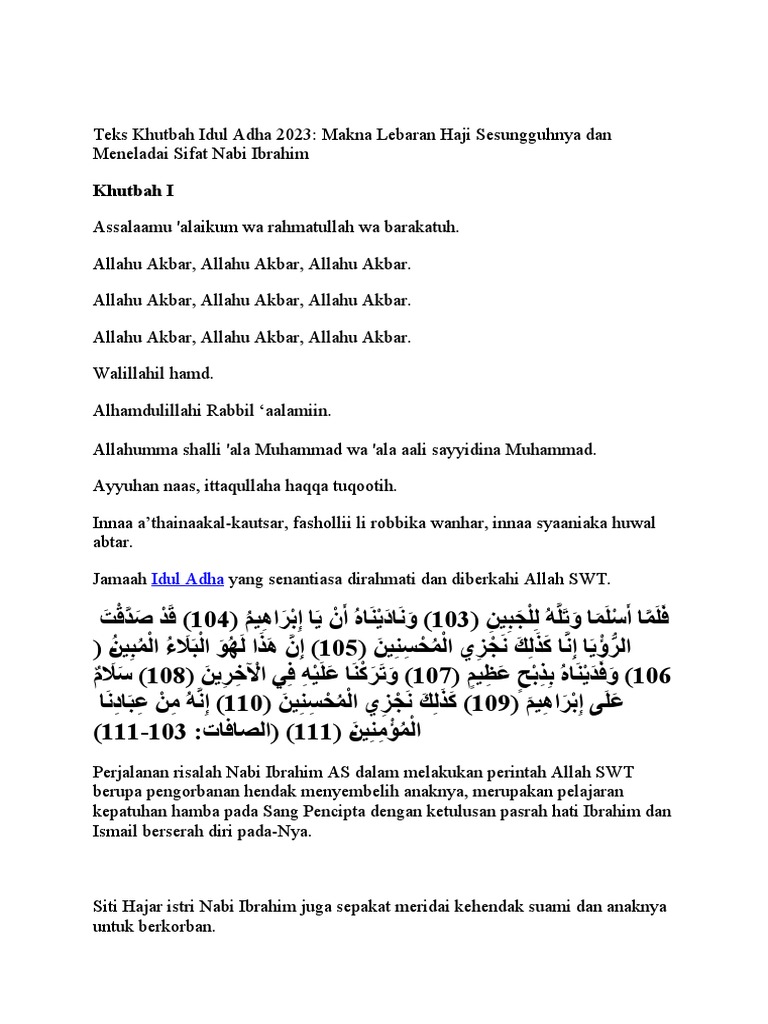 Teks Khutbah Idul Adha 2023 | PDF