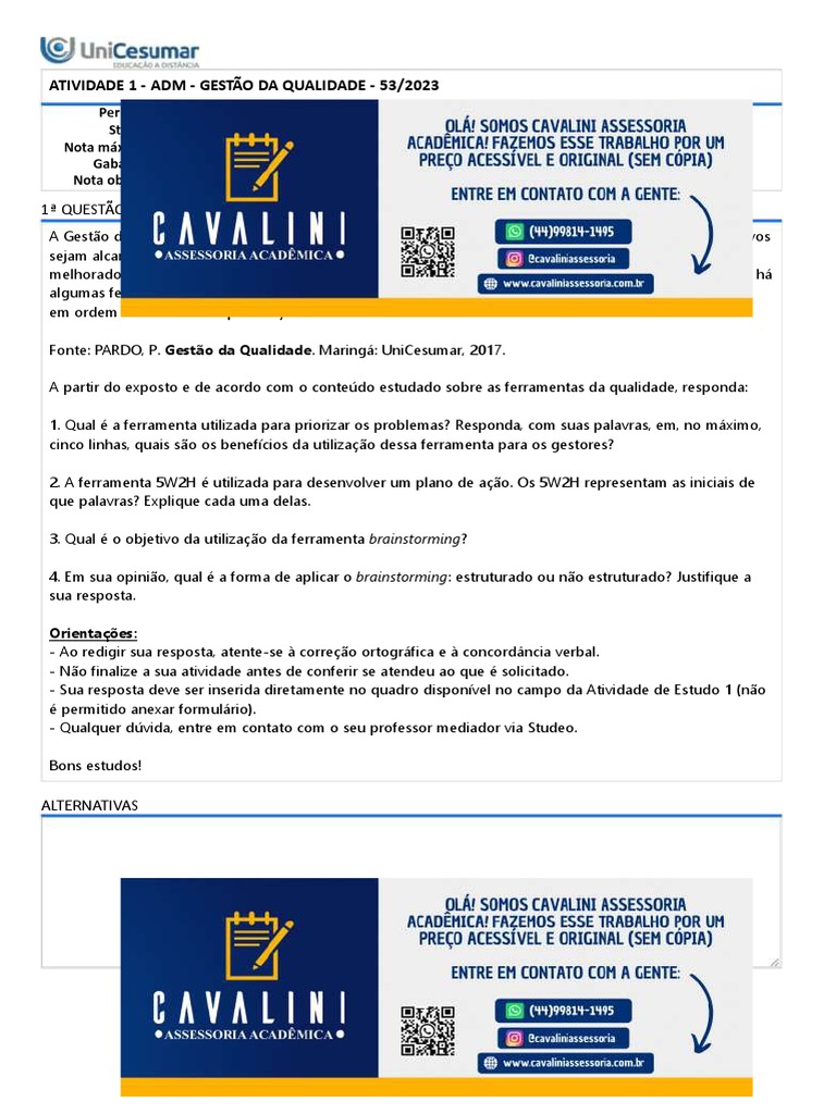 Atividade 1 - Adm - Gestão Da Qualidade - 53-2023 | PDF | Negócios