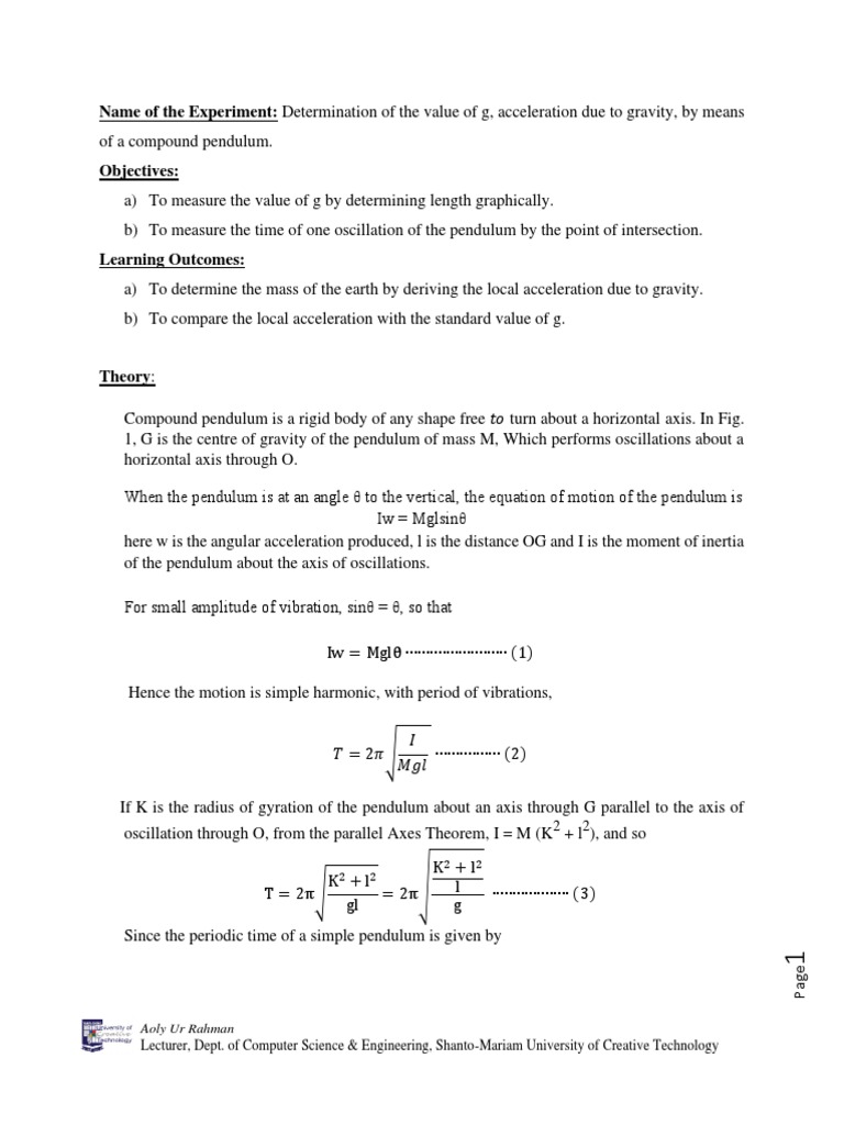 Compound Pendulum Pdf Rotation Around A Fixed Axis Pendulum