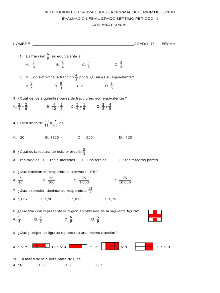 EVALUACION PERIODO III SEPTIMO Matematicas Adriana E | PDF ...