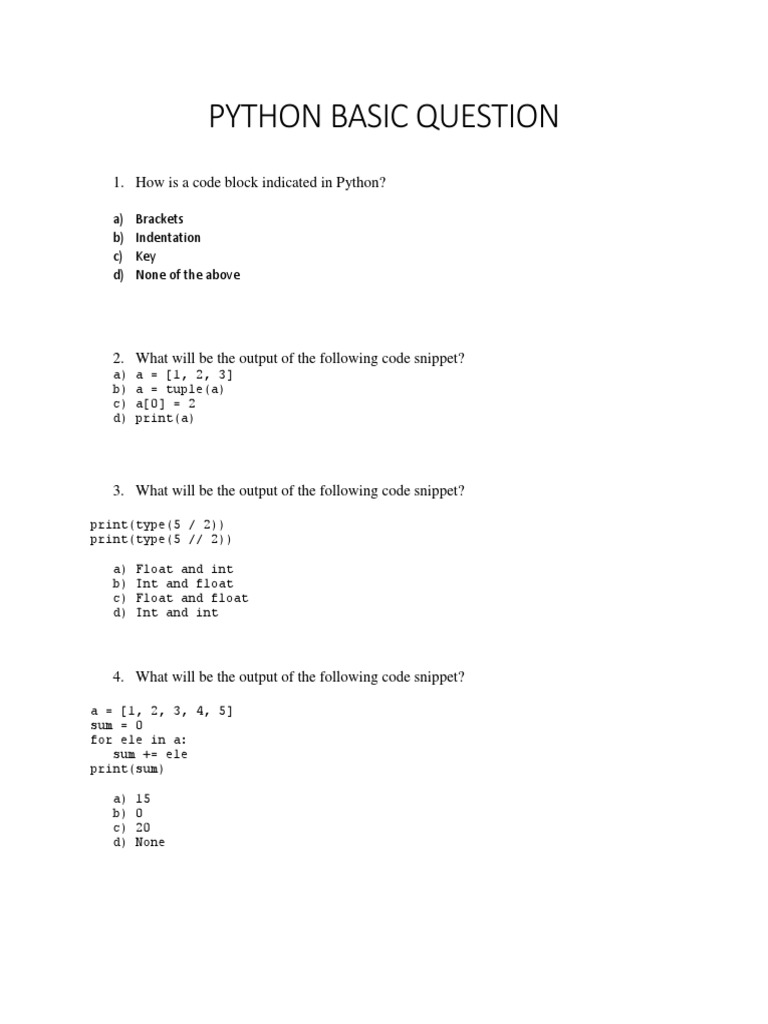 Python Basic Questions Quiz | PDF
