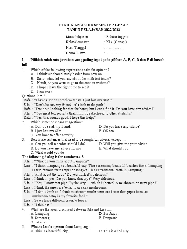 Pas Genap B Ingg Kls Xi | PDF