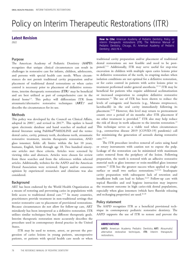 Policy On Interim Therapeutic Restorations (ITR) | PDF | Dentistry ...