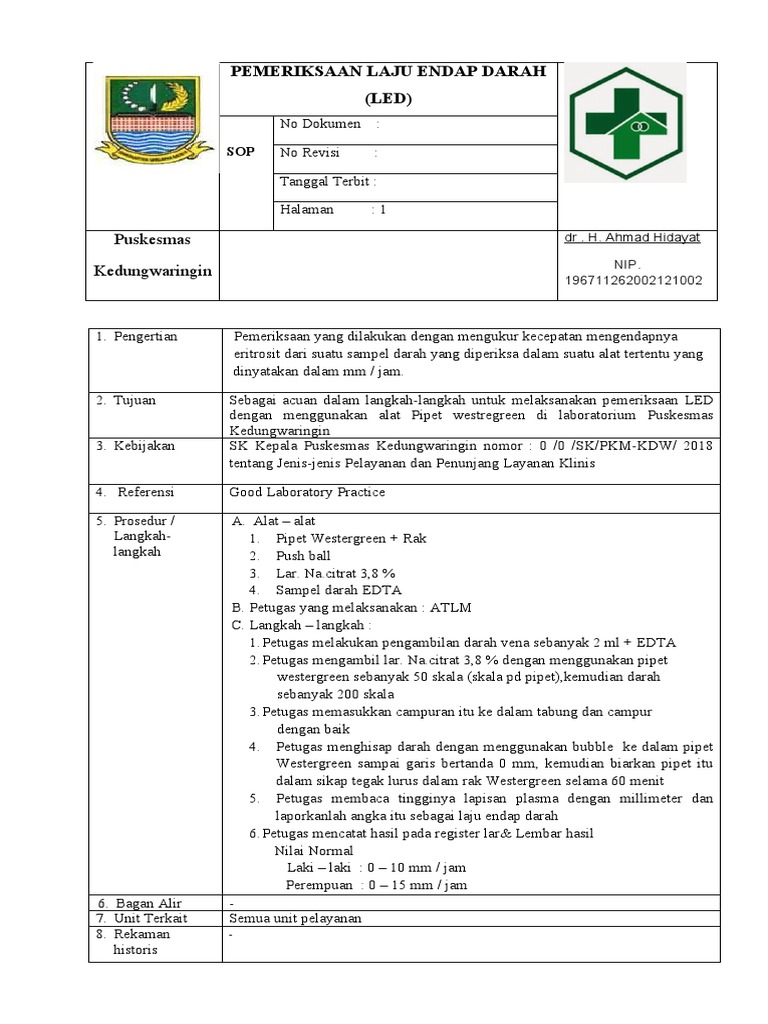 SOP Pemeriksaan Laju Endap Darah | PDF