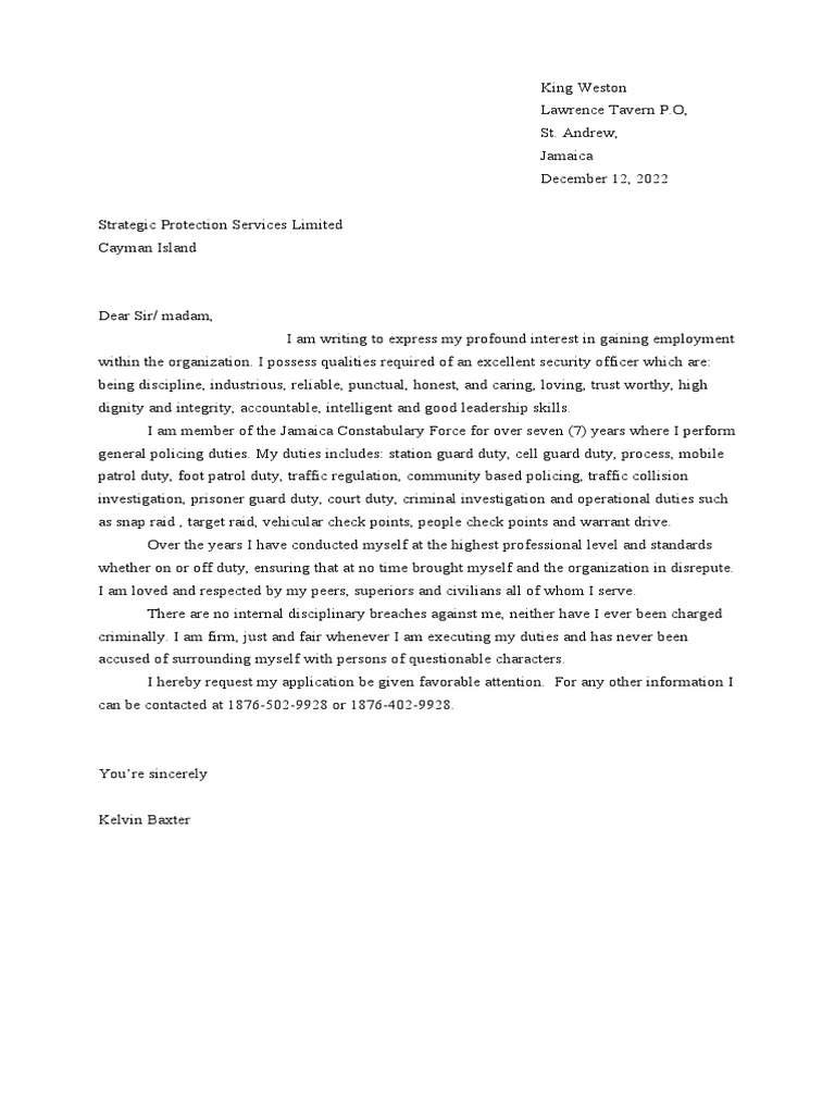 Kelvin Baxter Application Letter | PDF