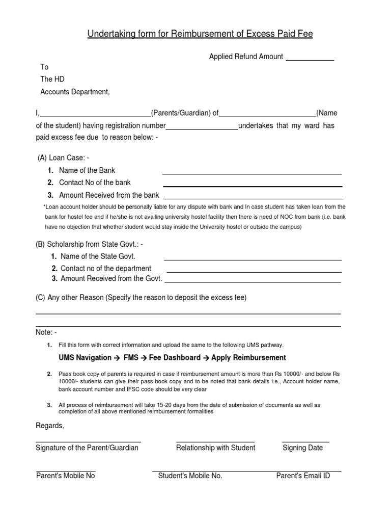 Tuition Fee Reimbursement Undertaking Form | PDF
