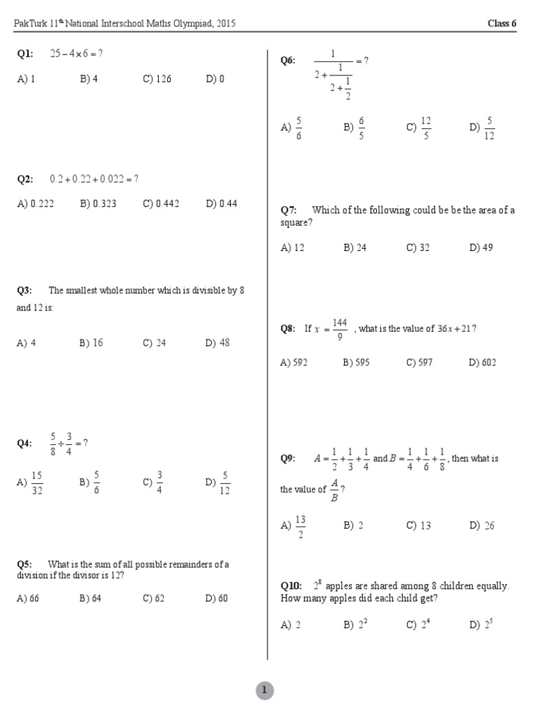 Narayana Ismo Exam Class 6 Math Questions | PDF | Area | Elementary ...