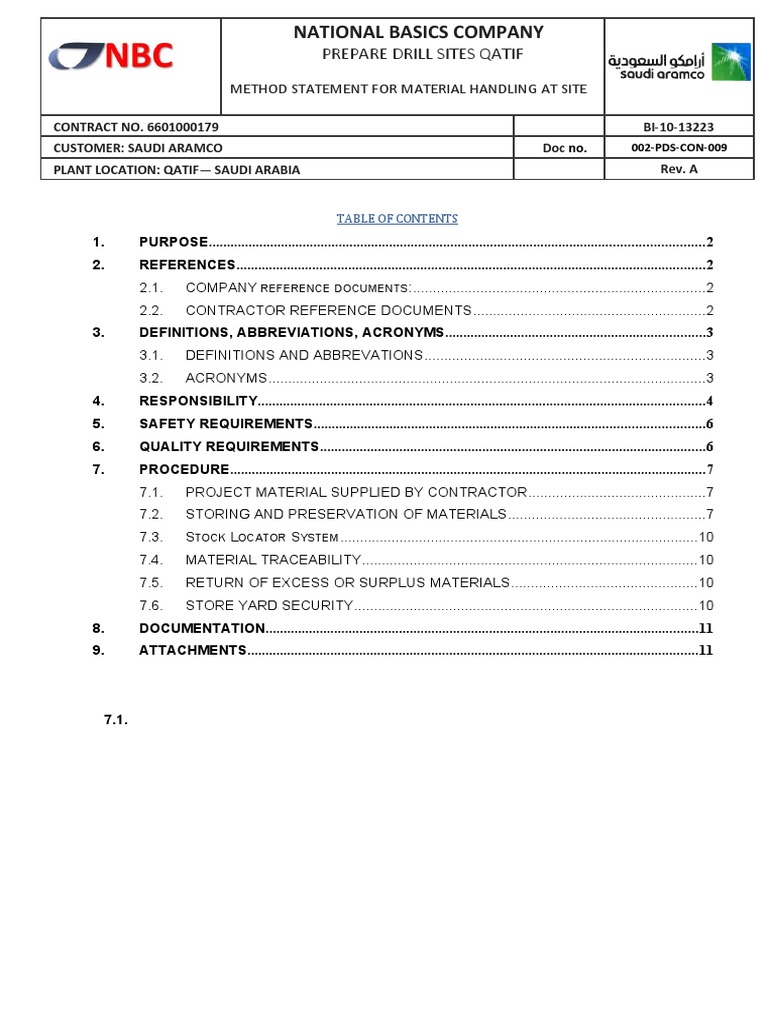 002-PDS-CON-009 Method Statement For Material Management at Site | PDF | Safety | Personal ...