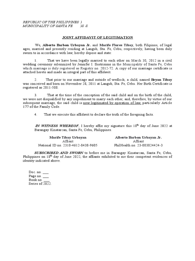 Legal Aid Affidavit of Legitimation | PDF | Social Science | Wellness