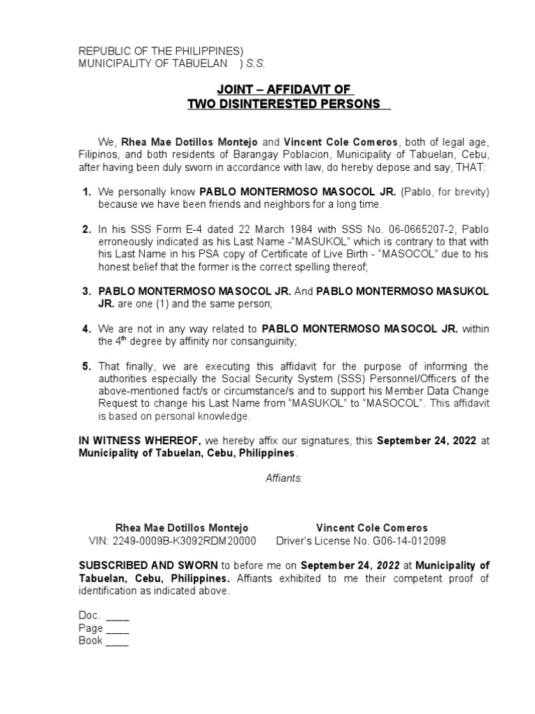 Affidavit of Two Disinterested Persons (Discrepancy in Last Name) | PDF