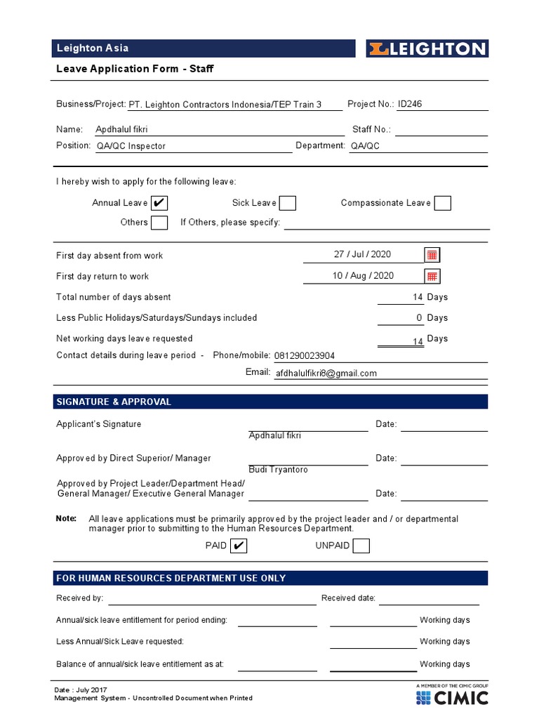 Leave Application - Form CUTI KE 1 Fikri | PDF