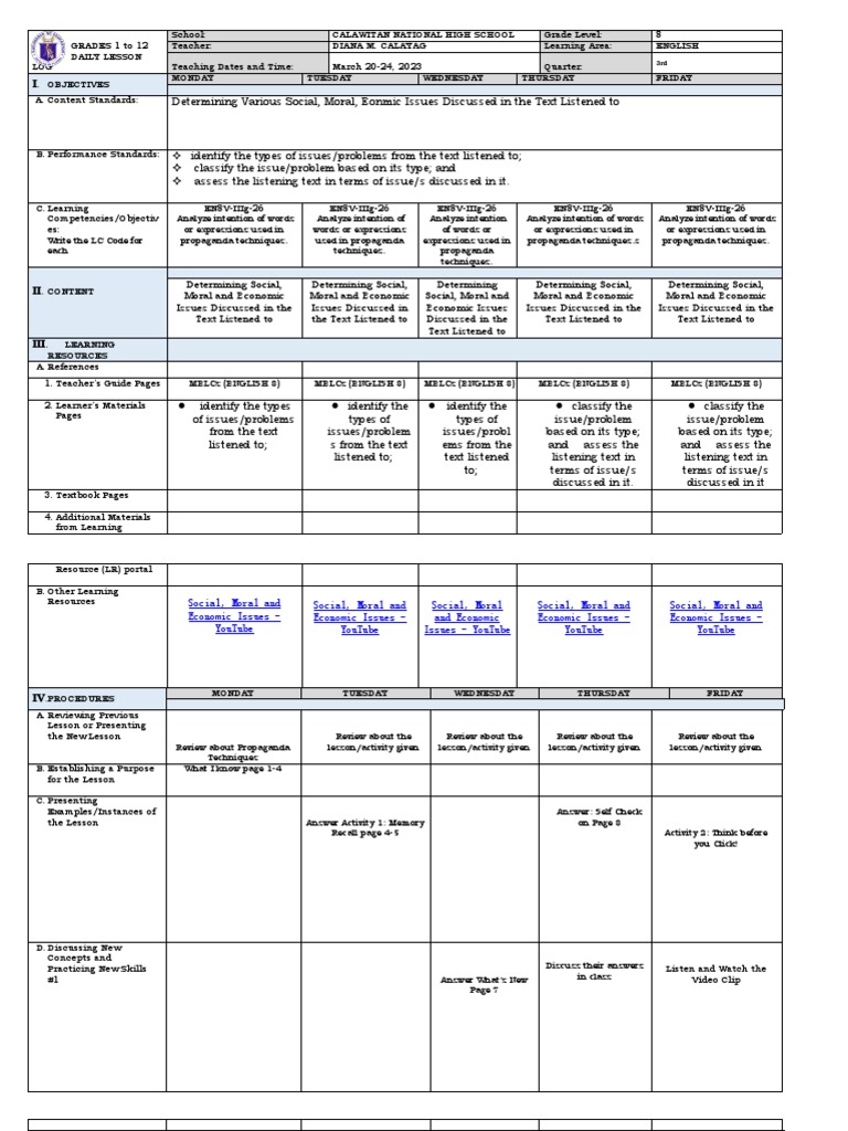 Grade 8 English Daily Lesson Plan | PDF | Learning | Propaganda